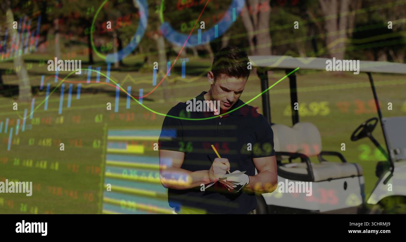 Golfer in polo shirt writing scorecard with pencil on fairway, with ...