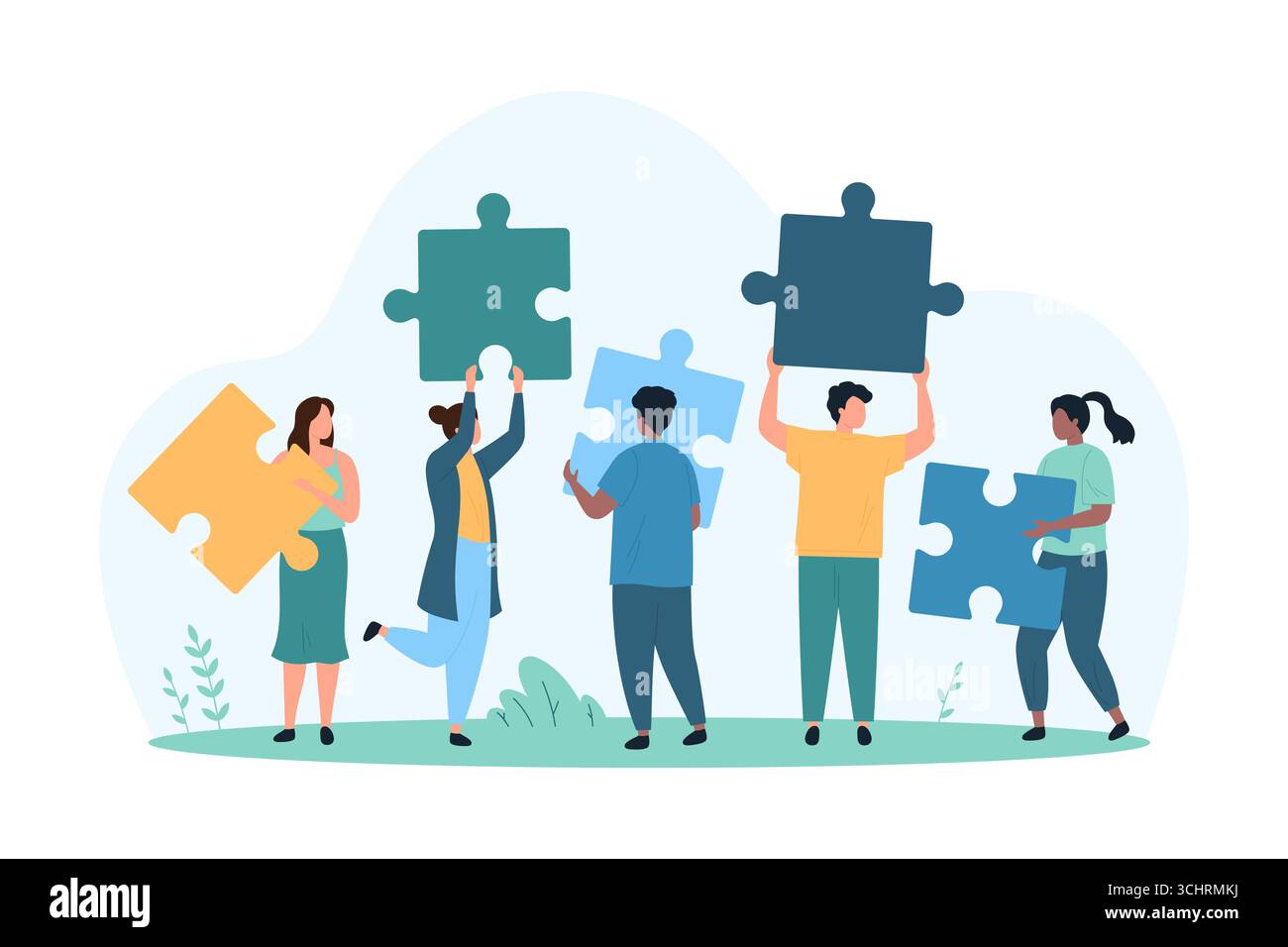 Group of diverse people assembling large jigsaw puzzle pieces ...