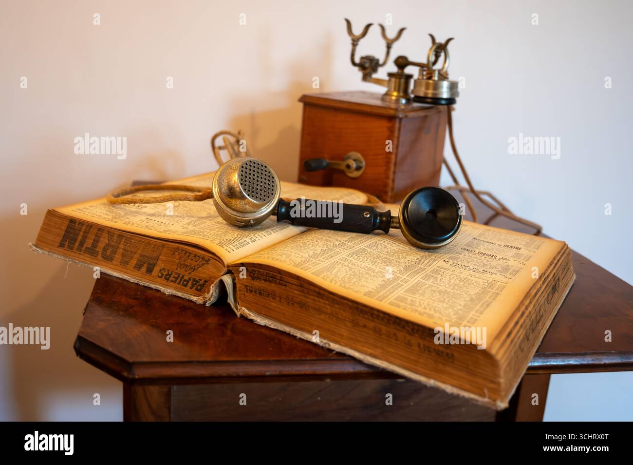 Communication progress, old wooden French rotary dial telephone and ...