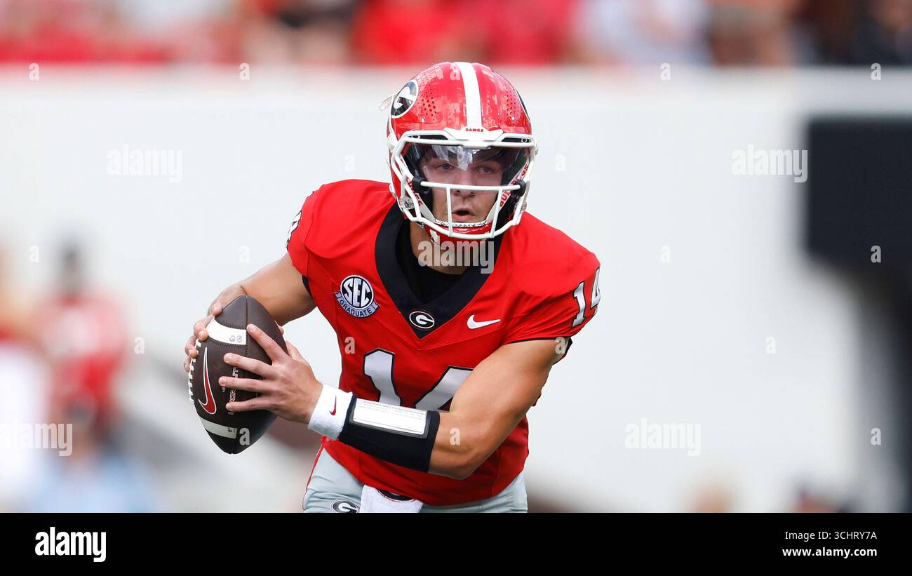 Georgia quarterback Gunner Stockton (14) during an NCAA football game ...