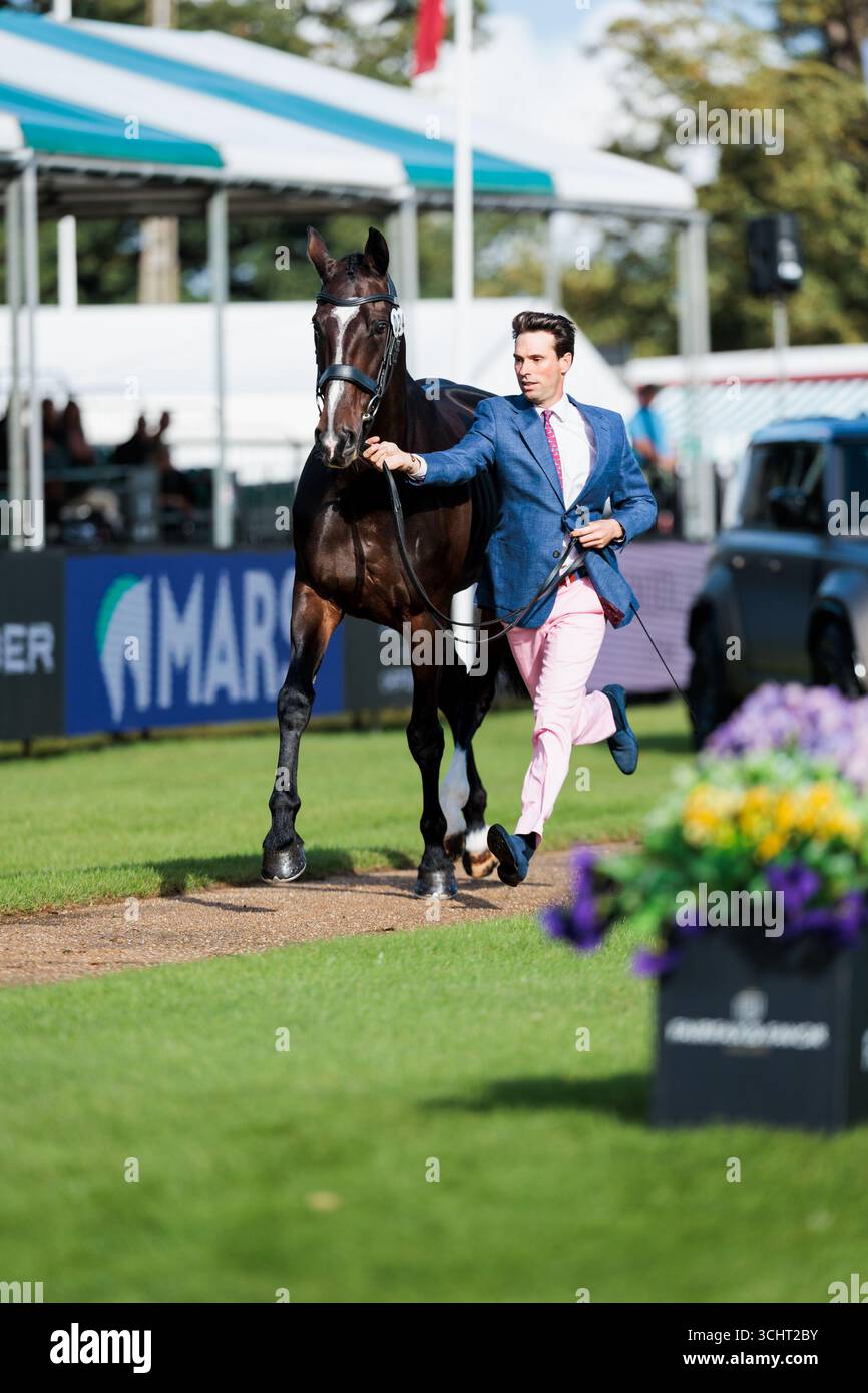 Harry Meade of Great Britain with Cavalier Crystal during the first horse inspection at the ...