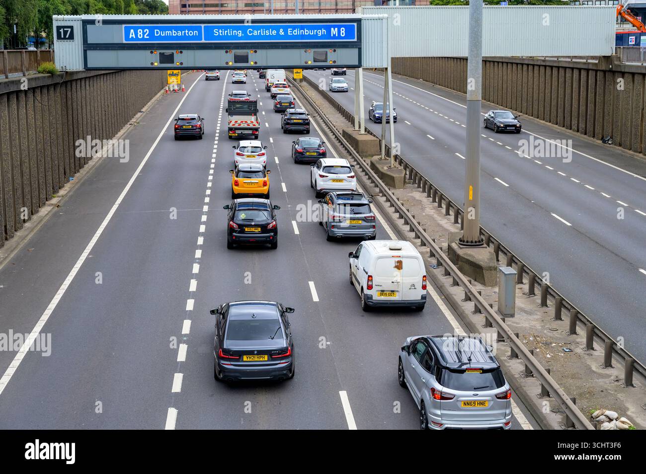 East bound traffic on the M8 Motorway approaching the roadworks on the ...