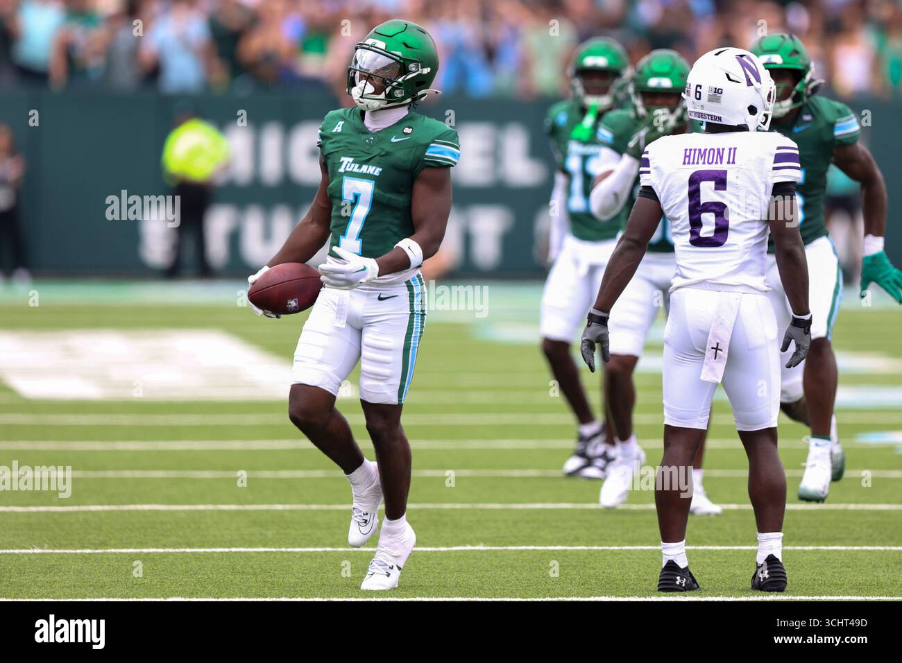 Tulane Green Wave safety Kevin Adams III (7) celebrates an interception ...