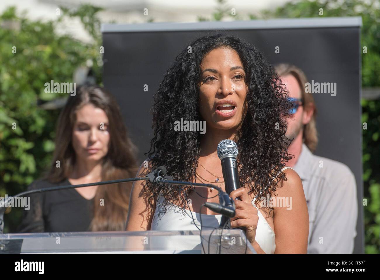 Lisa Phillips speaks at a Stand with Survivors Rally on Capitol Hill, Wednesday, Sept. 3, 2025 ...