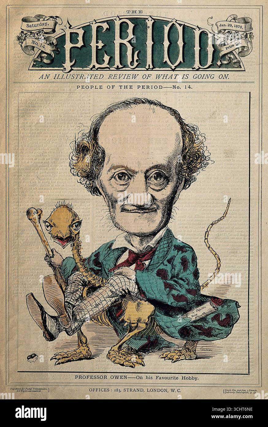 Caricature of Professor Sir Richard Owen holding a dinosaur skeleton. London, England. 1870 ...