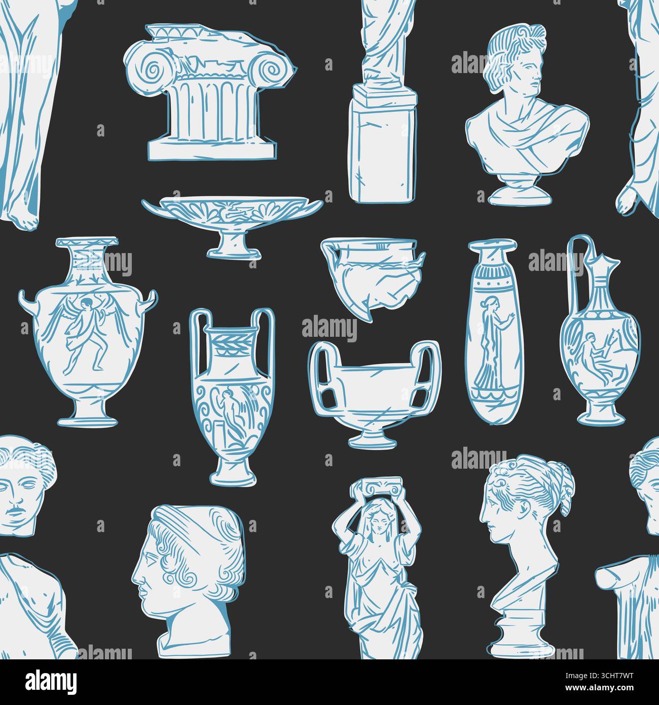 Hand drawn vector abstract graphic, greek ancient sculpture statues and ...