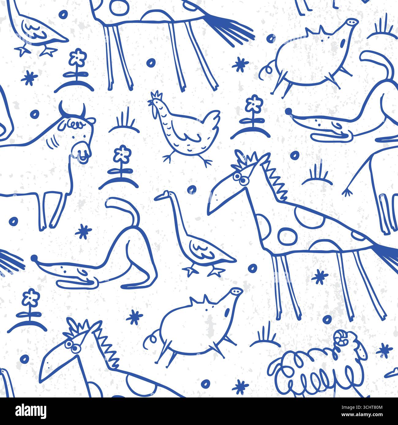 Seamless farm animals pattern with funny doodle line drawing design ...