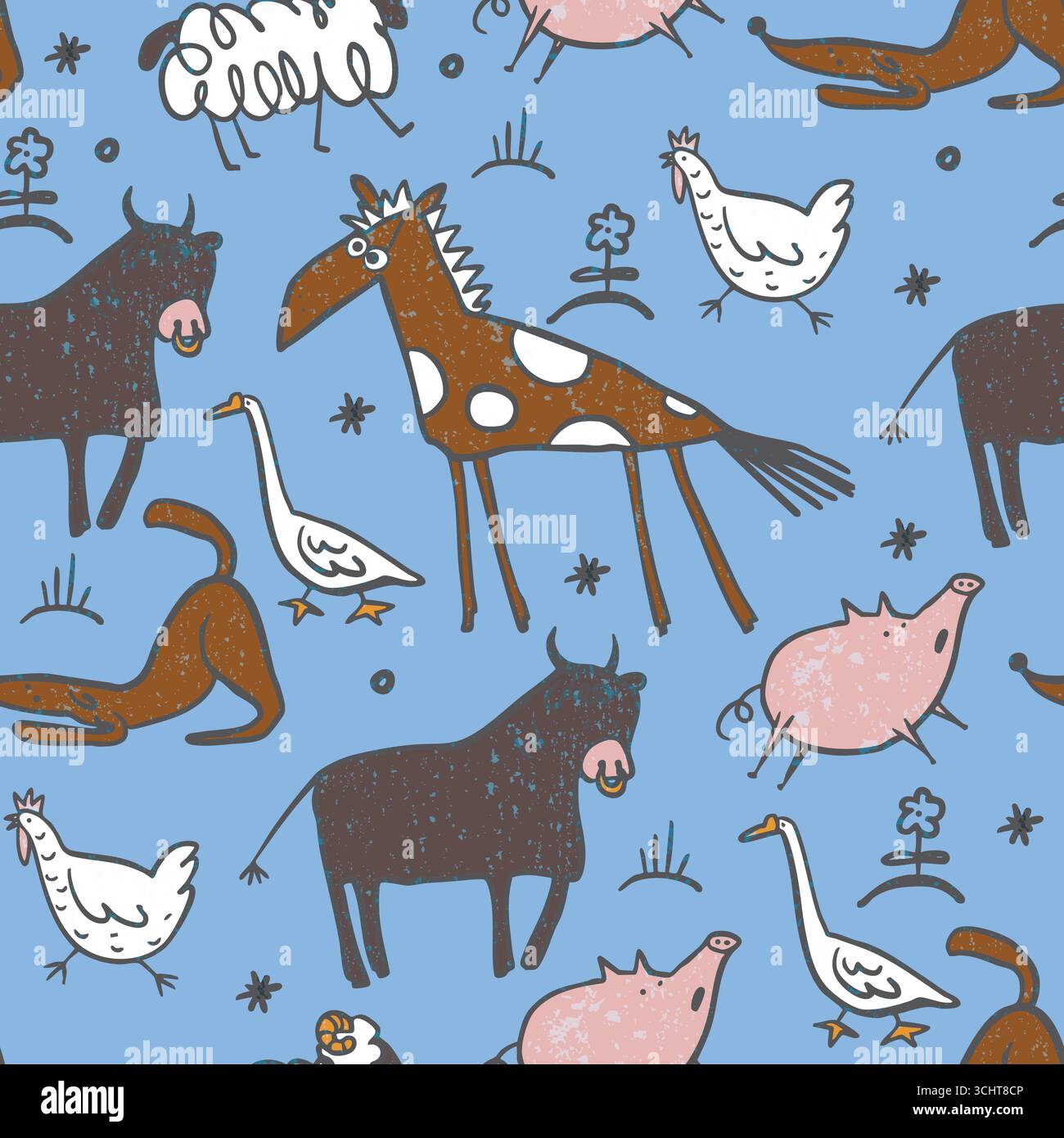 Seamless farm animals pattern with funny doodle line drawing design ...