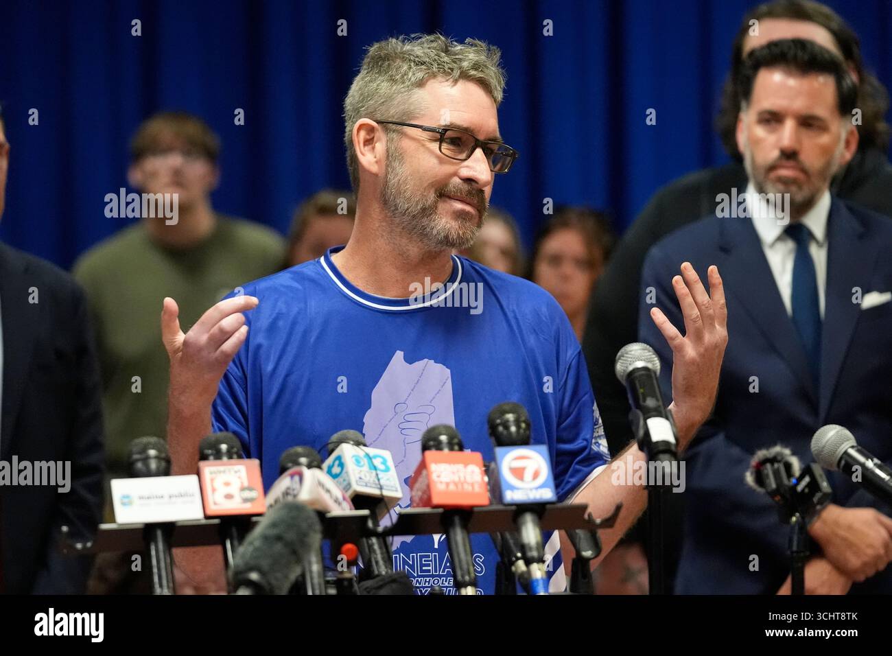 Ben Dyer, a victim of the October 2023 mass shooting, speaks at a news ...