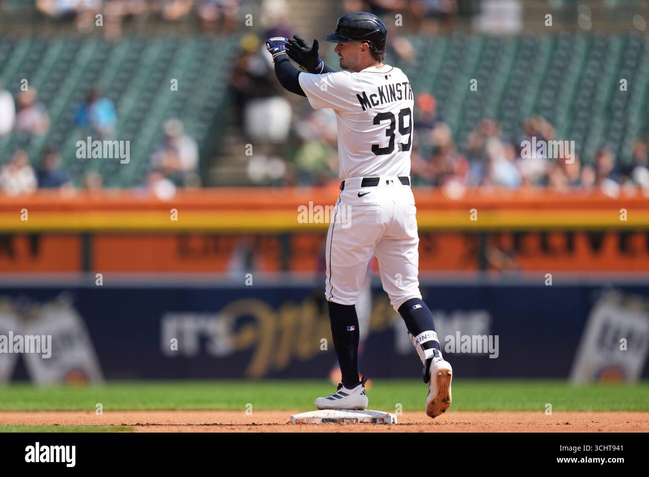 Detroit Tigers' Zach McKinstry celebrates after hitting a ground-rule ...
