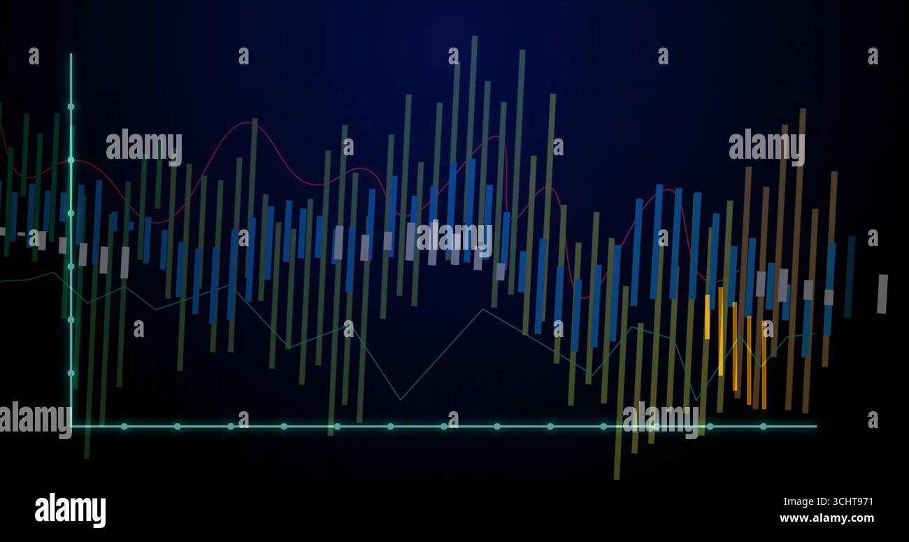 Showing data chart on screen, featuring bars, magenta and pale green ...