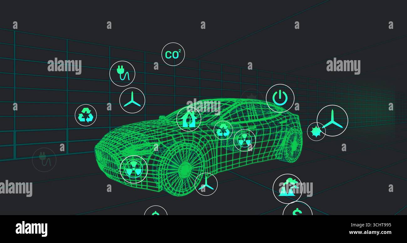 Hovering neon green 3D wireframe car spinning in virtual grid chamber ...