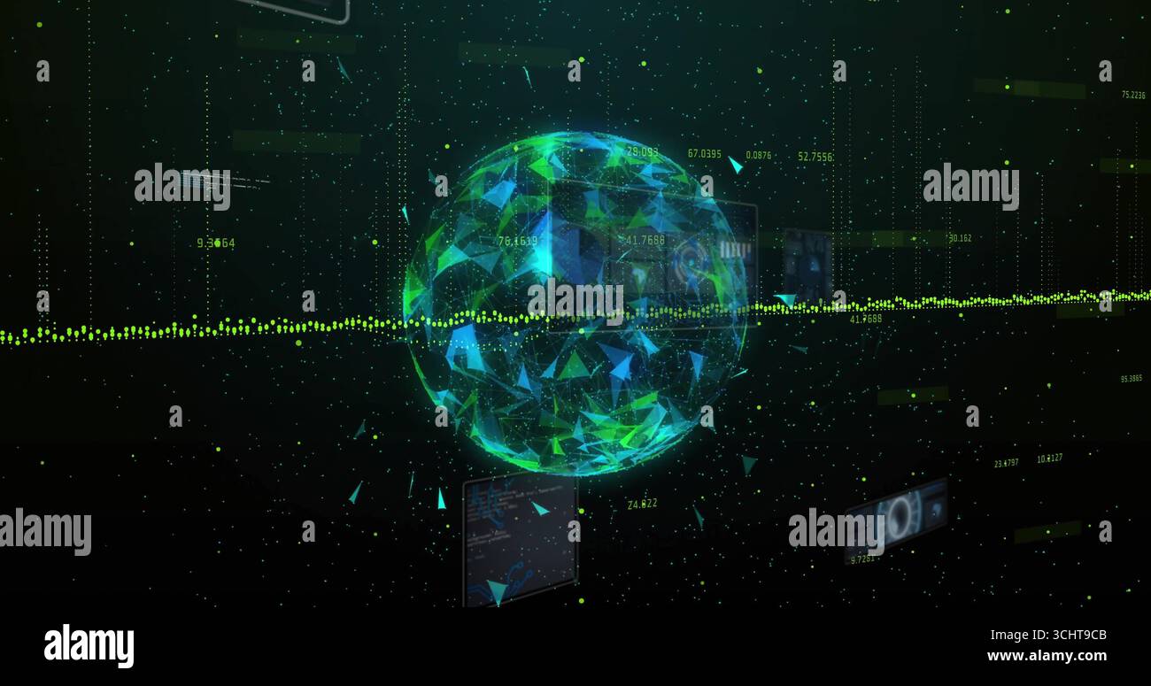 Floating polygonal sphere rotating in cyberspace, with neon waveform ...