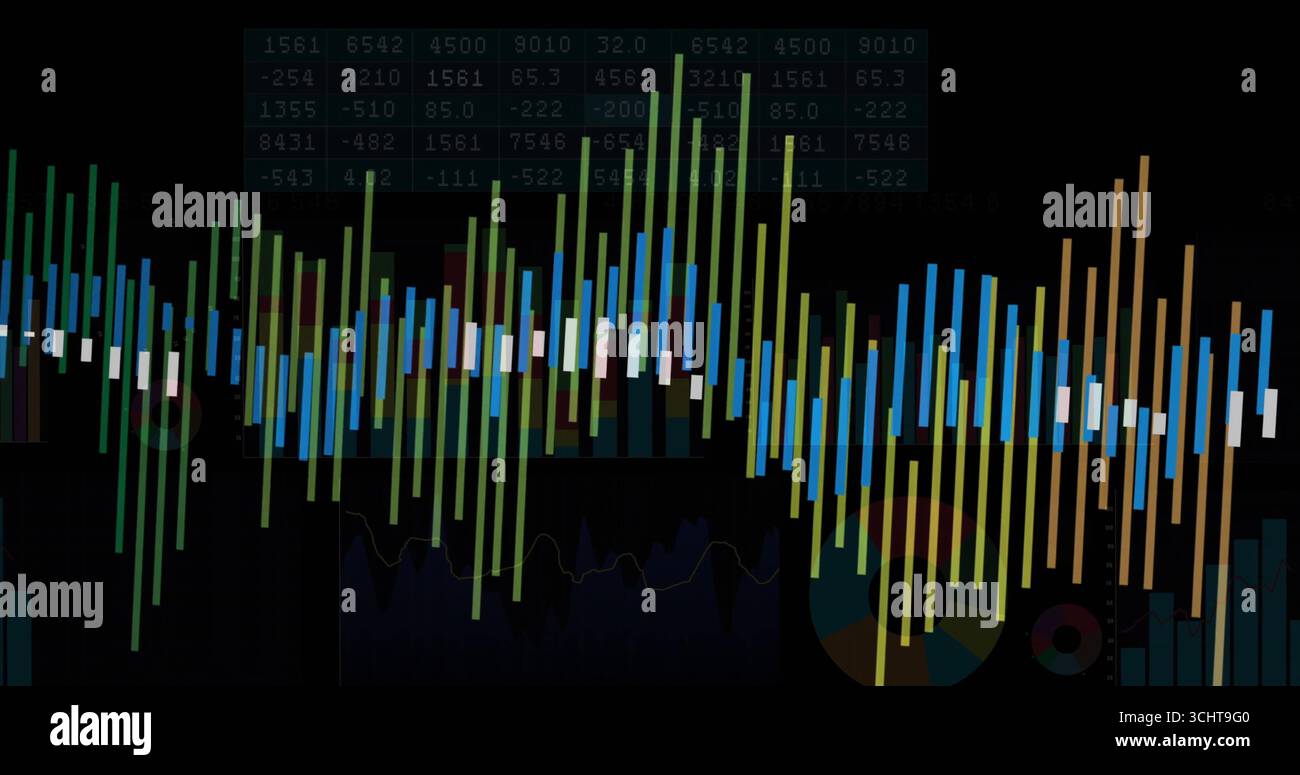 Showing colorful vertical bars on analytics dashboard, with numeric ...