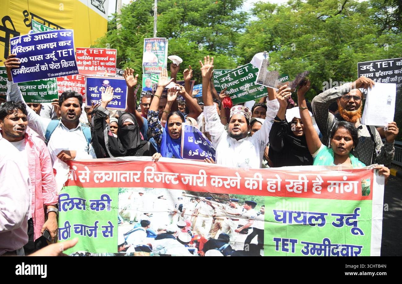 PATNA, INDIA - SEPTEMBER 3: Urdu TET aspirants demonstrating over pending results in front of ...