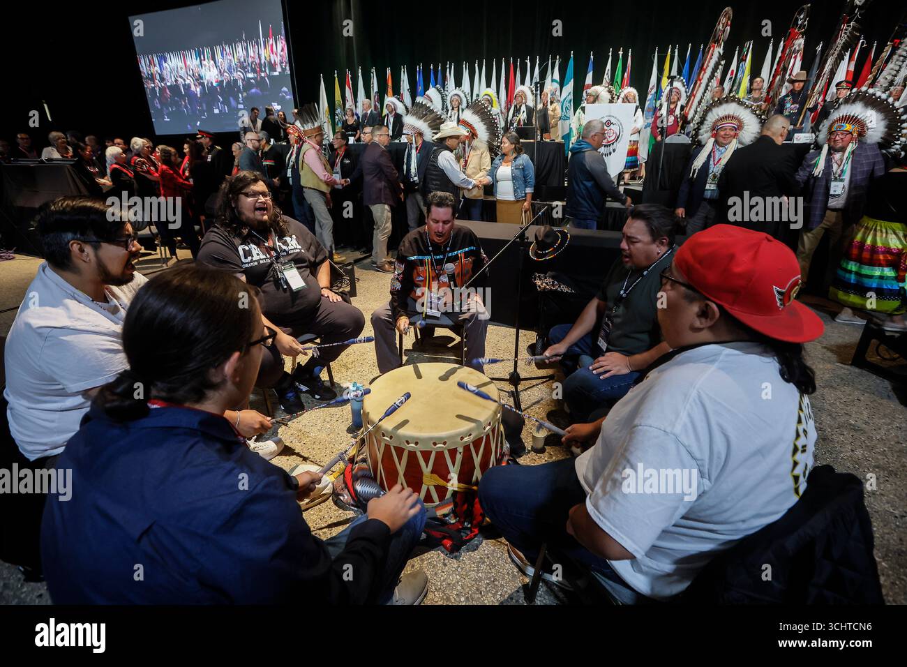 Drummers perform as Chiefs of the Assembly of First Nations (AFN) enter ...