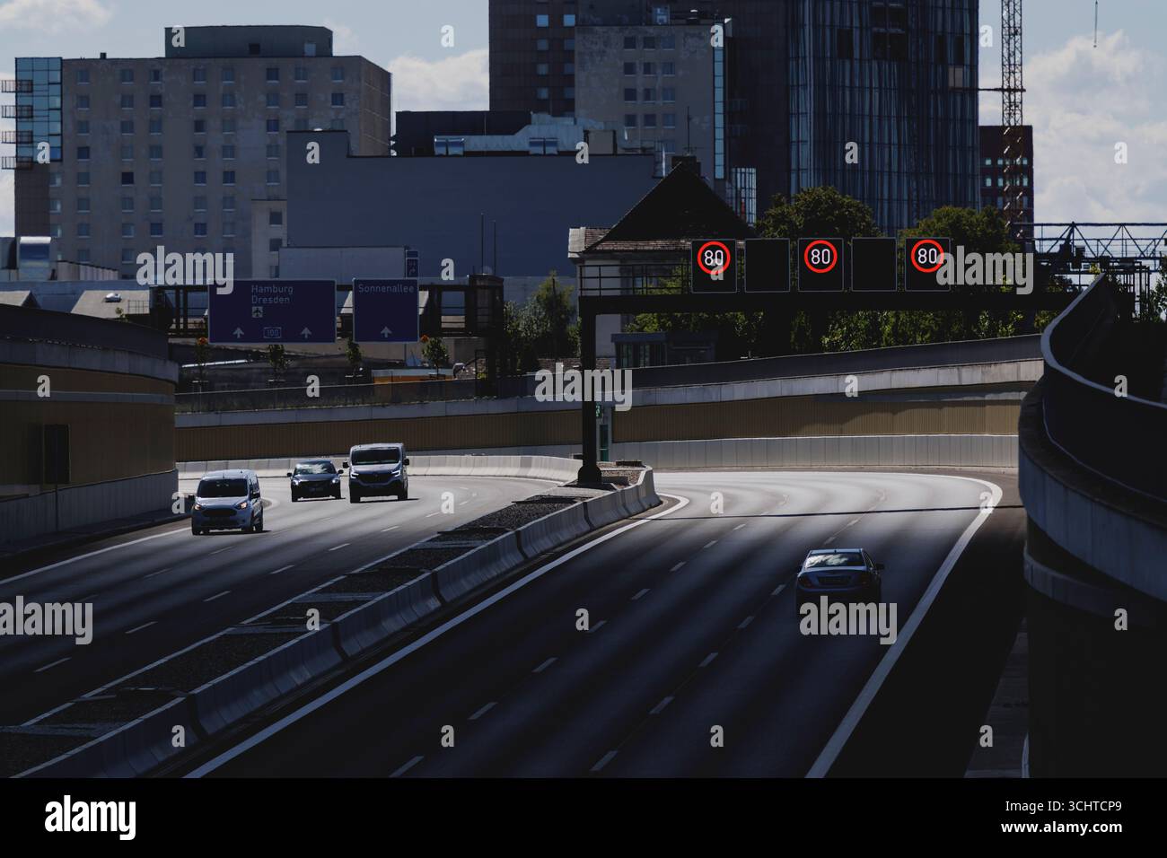 Traffic on the new Autobahn section 16 of the A100 in Berlin Treptow ...