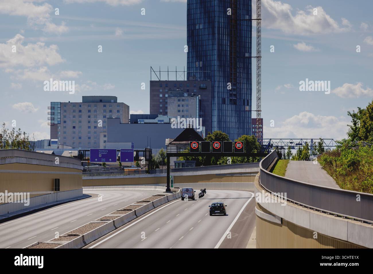 Traffic on the new Autobahn section 16 of the A100 in Berlin Treptow ...