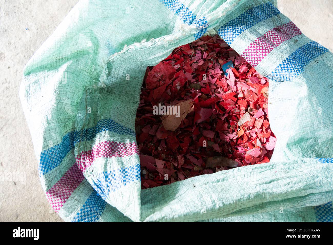 BANDA NEIRA, INDONESIA - Apr 19: Shredded plastic chips. Workers at the ...