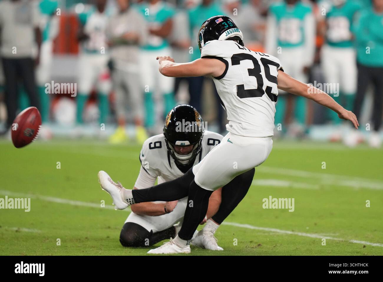 Jacksonville Jaguars place kicker Cam Little (39) kicks a field goal during the first half of a ...