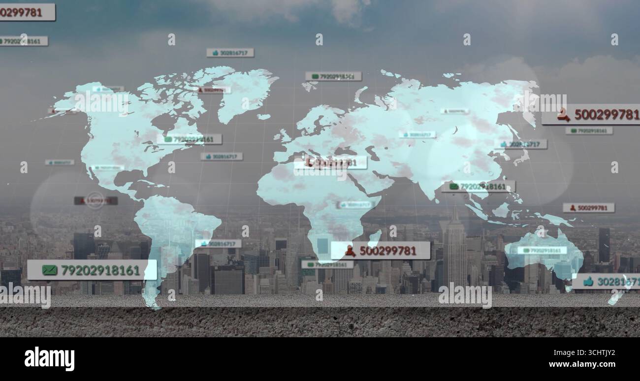 Displaying pale blue world map overlay floating over gravel rooftop and skyline, with data tags ...