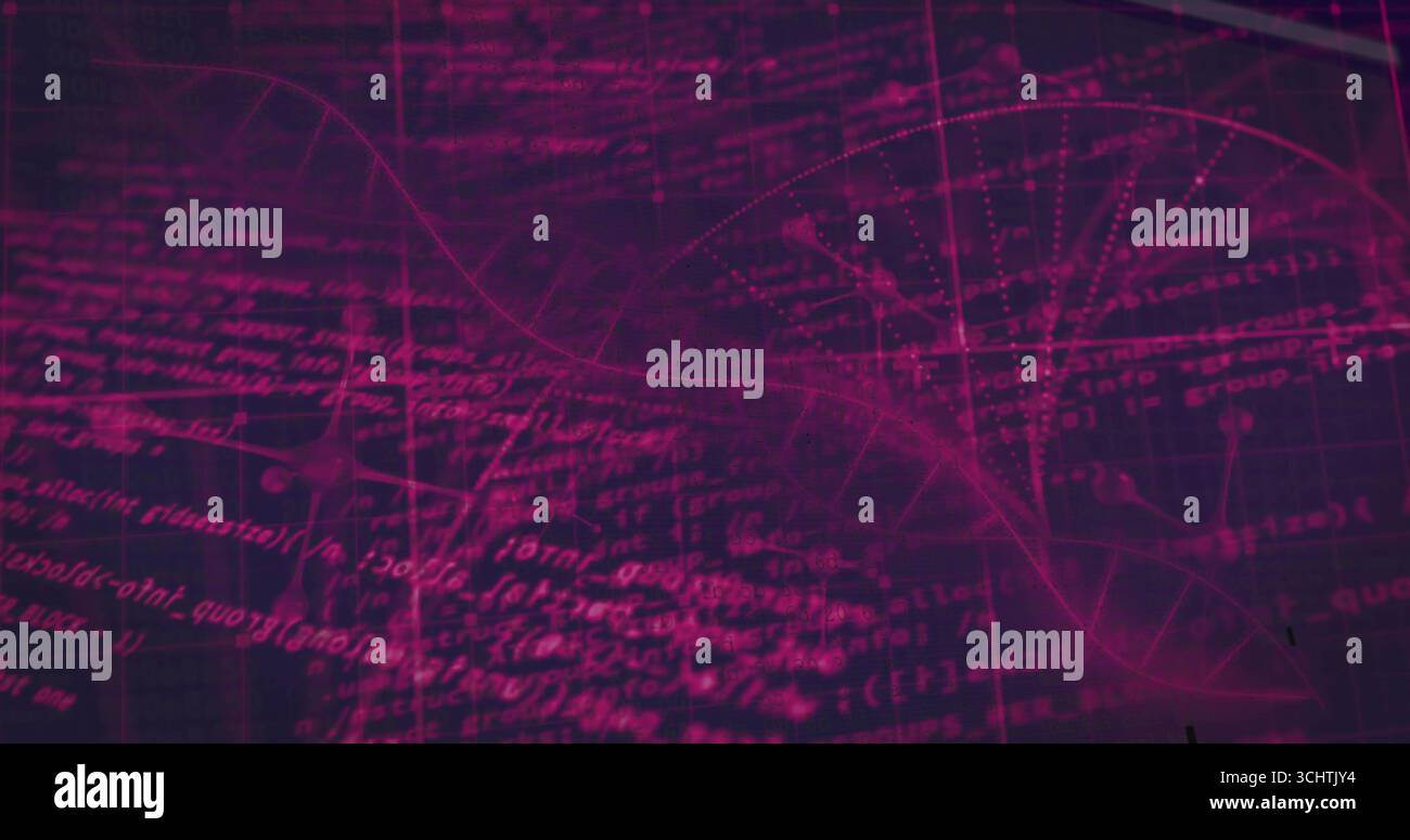 Visualizing translucent DNA helix entwining with magenta code lines in ...