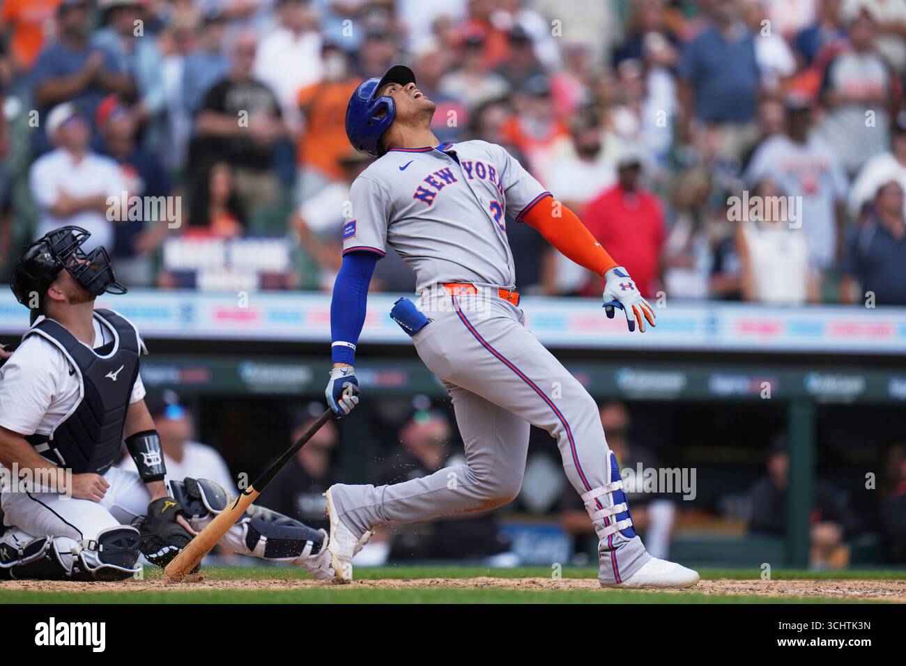New York Mets' Juan Soto, right, reacts in front of Detroit Tigers catcher Jake Rogers after ...