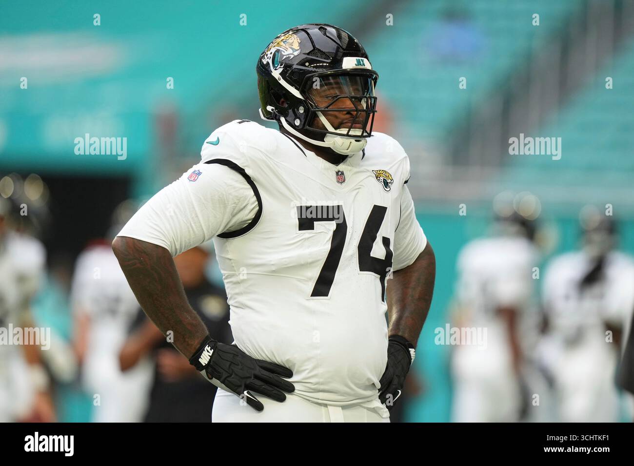 Jacksonville Jaguars offensive tackle Fred Johnson (74) warms up before ...