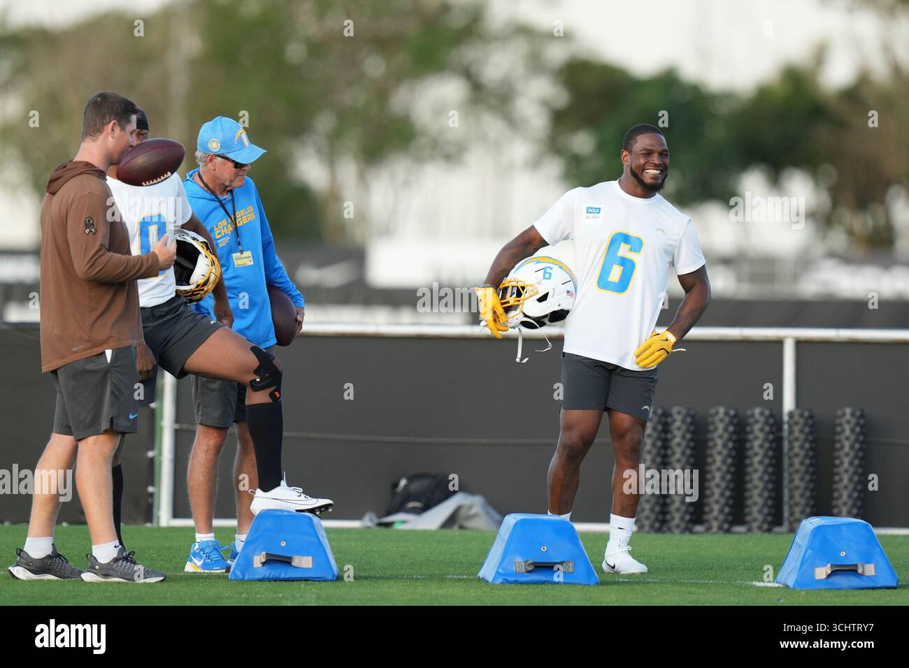Los Angeles Chargers linebacker Denzel Perryman smiles during a ...