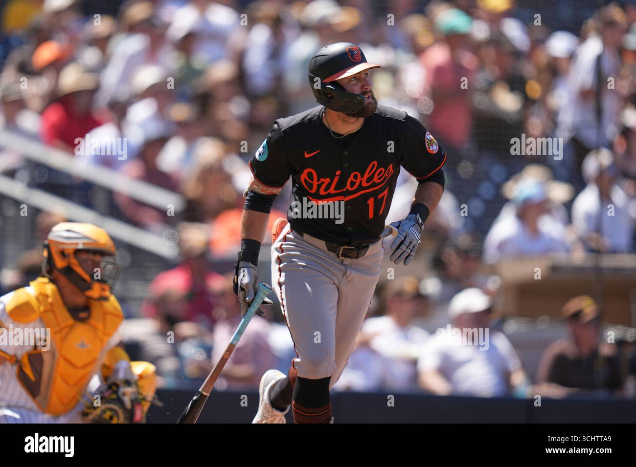 Baltimore Orioles' Colton Cowser watches his three-run home run during ...