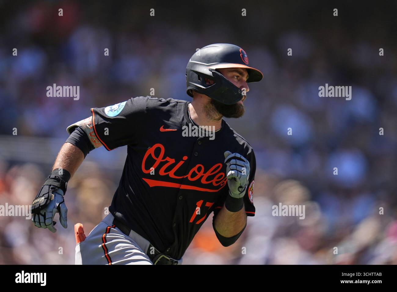 Baltimore Orioles' Colton Cowser watches his three-run home run during ...