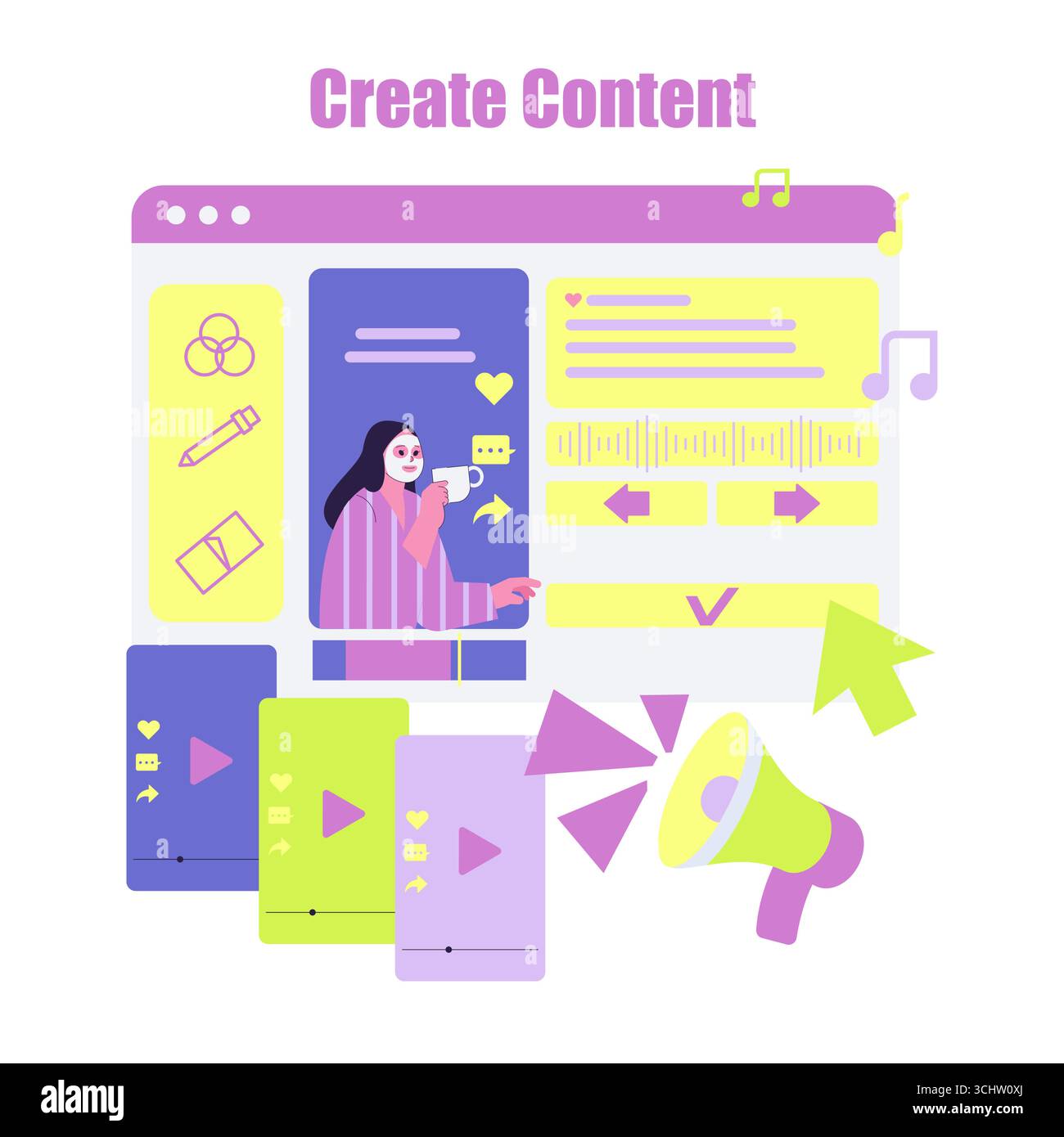 Content creation concept featuring a colorful vector illustration. A person interacts with ...