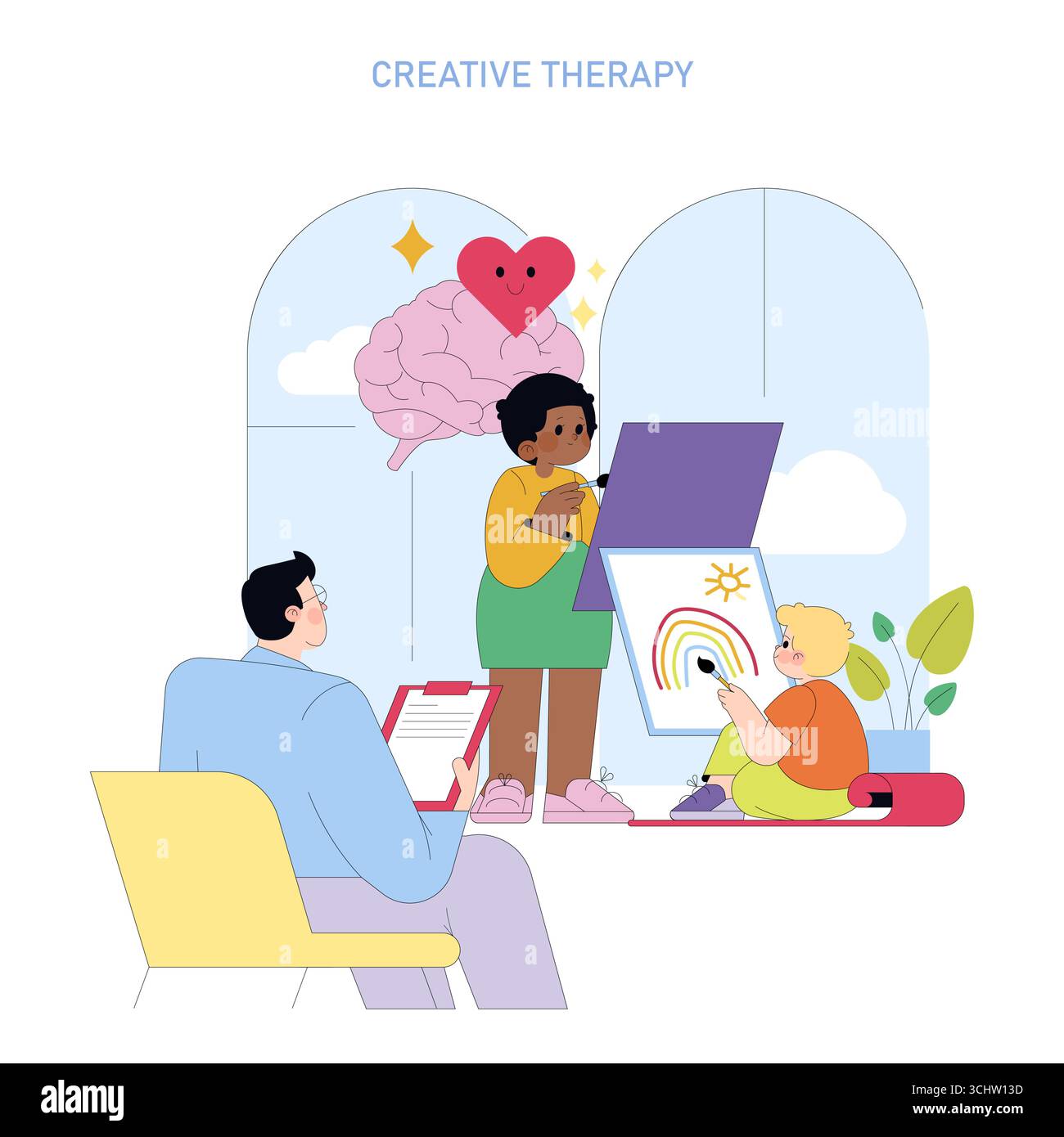 A vector illustration showing a creative therapy session where diverse individuals engage in art ...