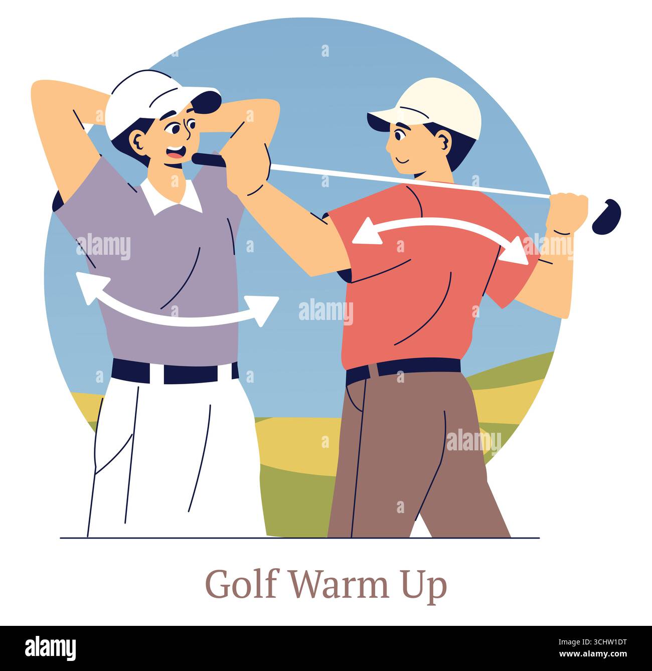 Two golfers stretching and warming up with smiles, showcasing a ...
