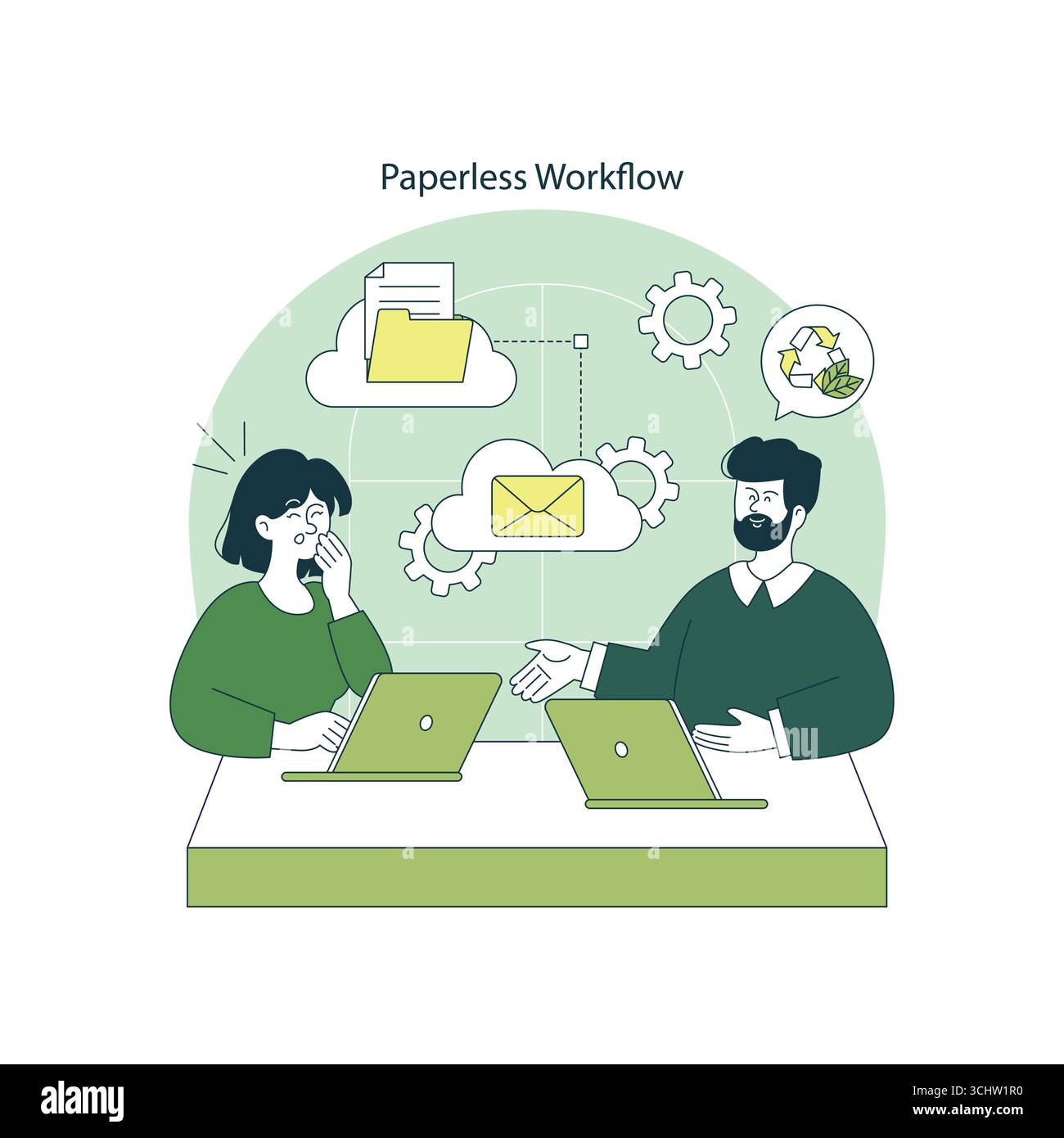 Vector illustration of a paperless workflow concept showing two people using laptops. Background ...