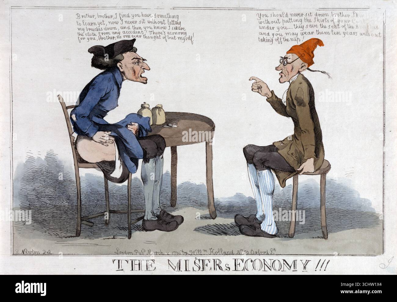 A Humorous cartoon print hand coloured etching The Misers Economy 1794 ...