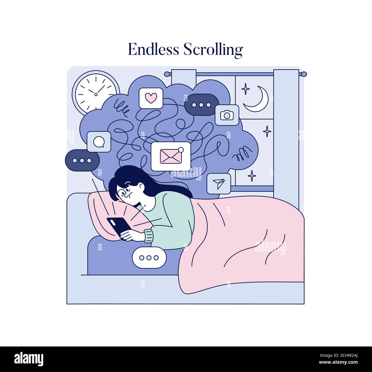 Scrolling phone in bed Stock Vector Images - Alamy