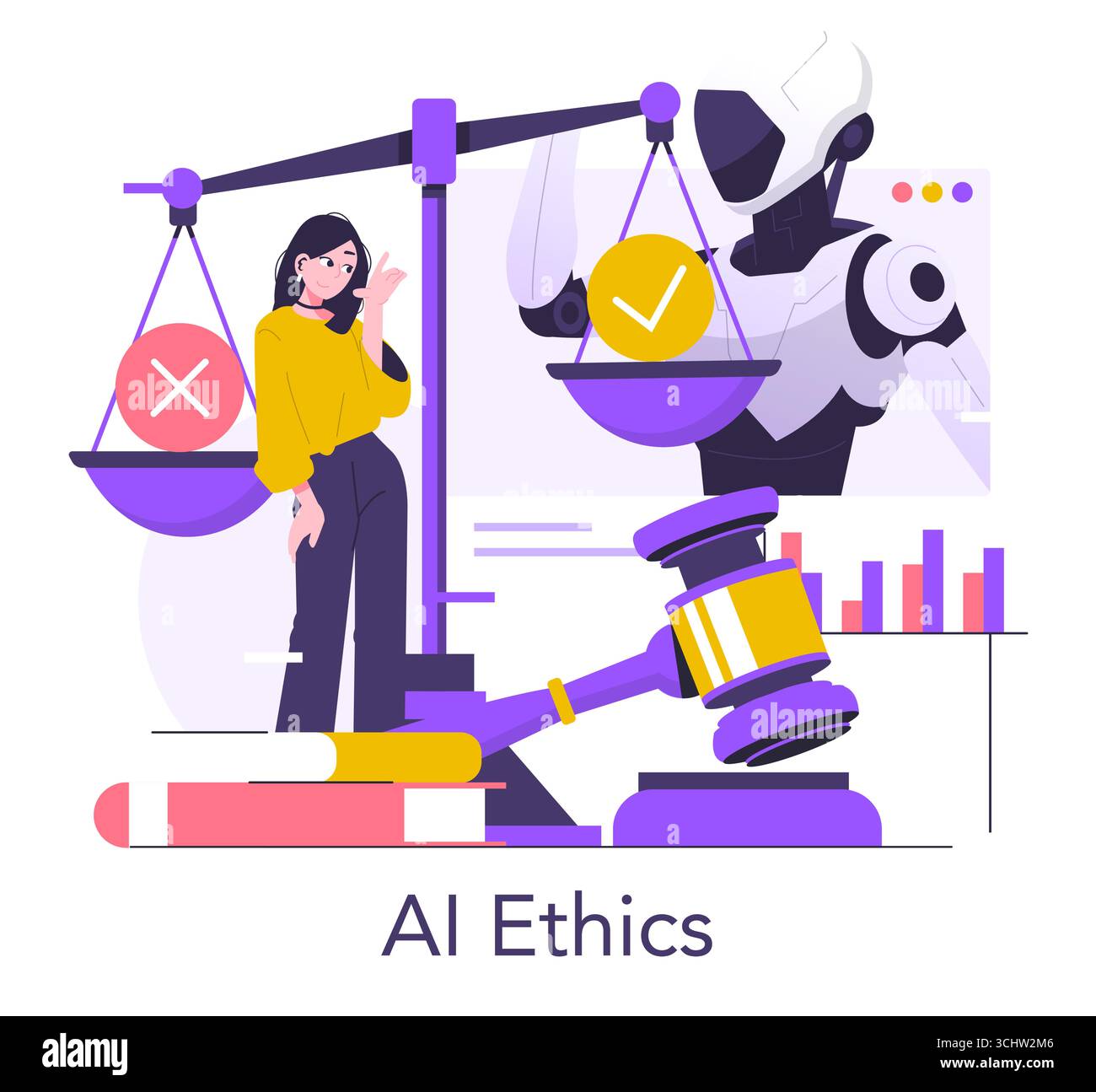 Vector illustration depicting AI ethics, featuring a robot and a person ...