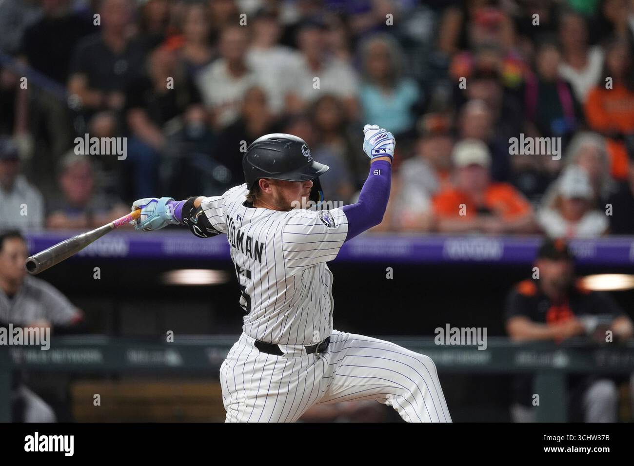 Colorado Rockies catcher Hunter Goodman (15) in the third inning of a ...
