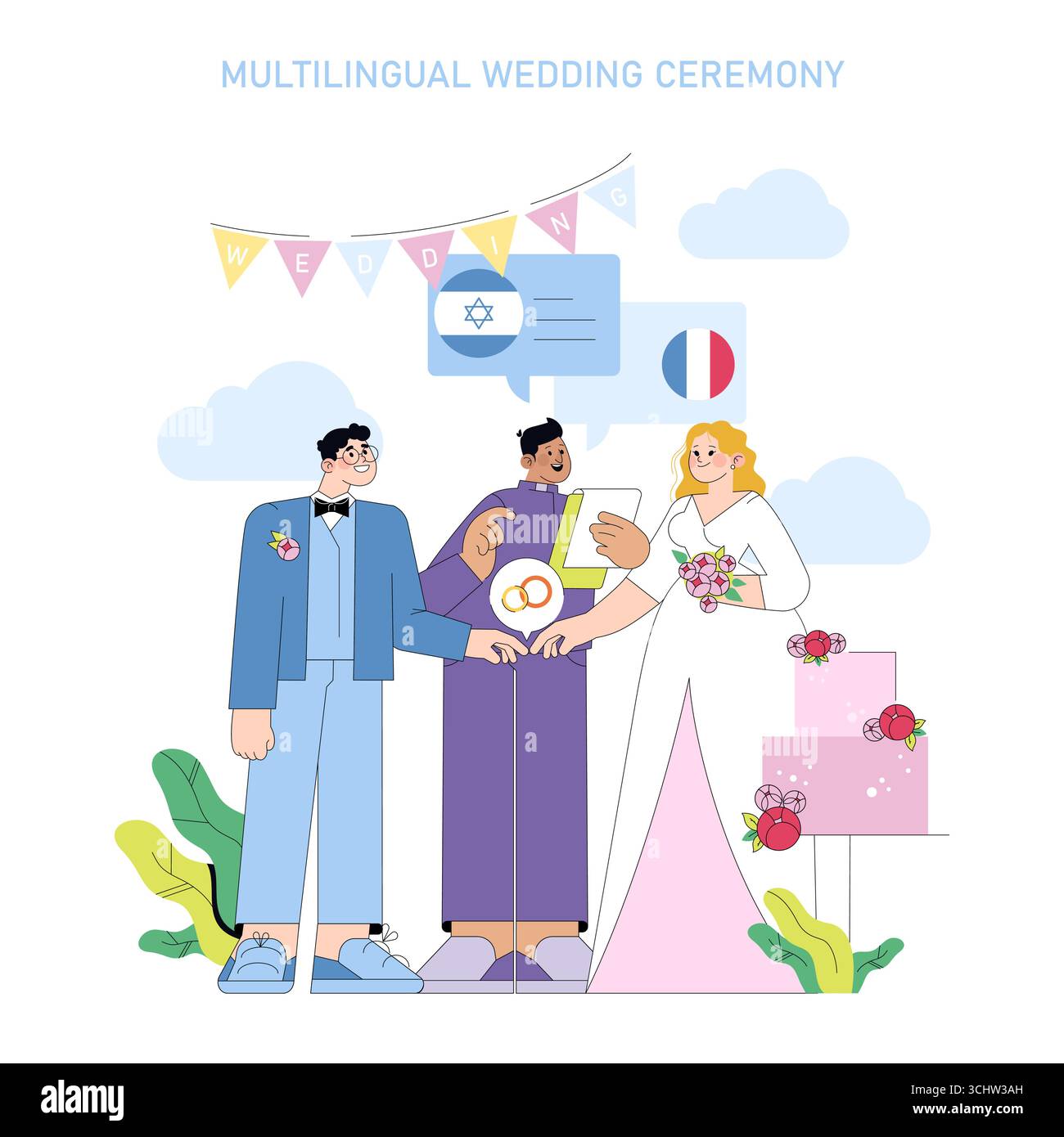 A colorful vector illustration of a multicultural wedding ceremony with ...