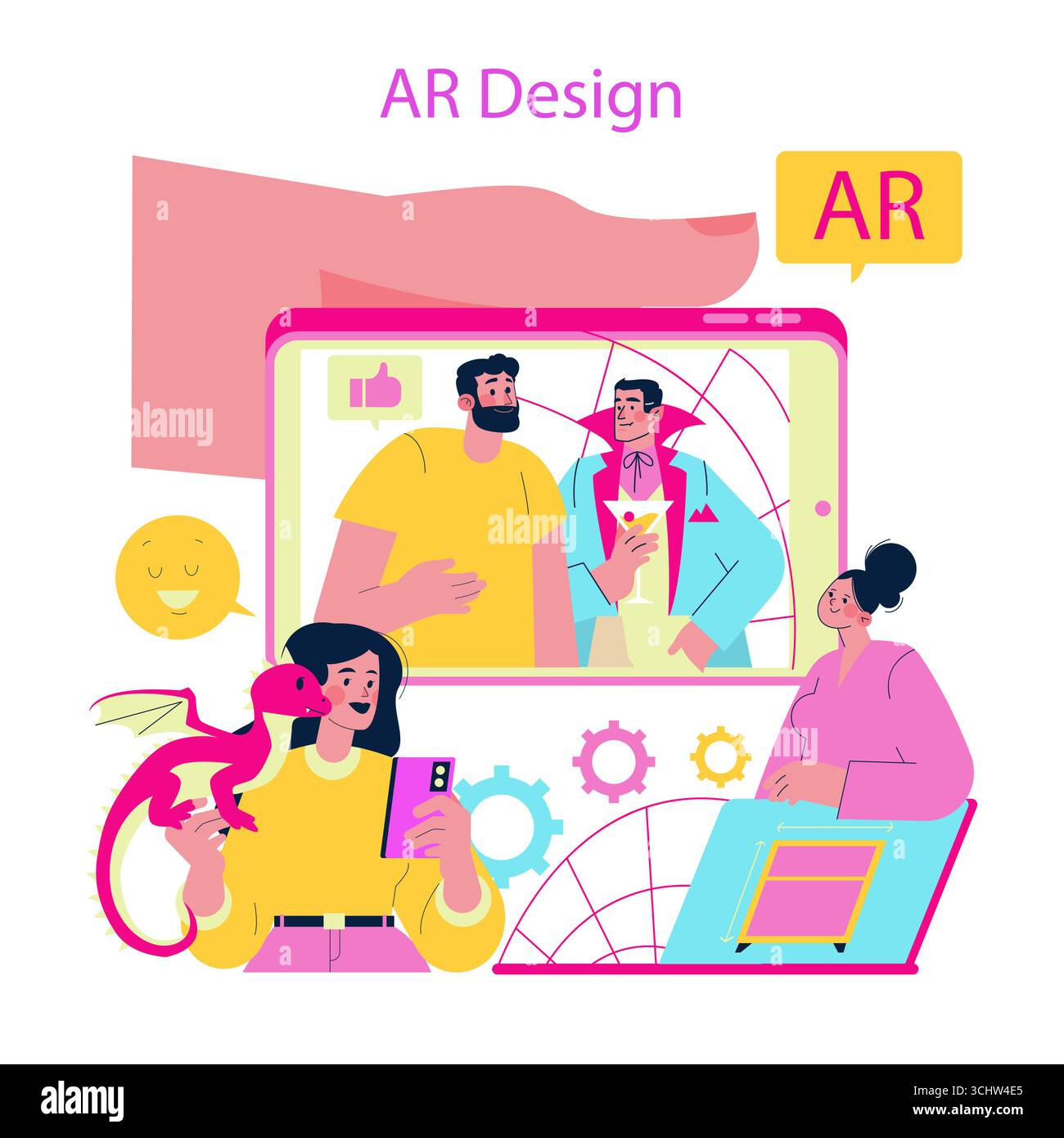 Vector illustration showing people engaging with augmented reality ...