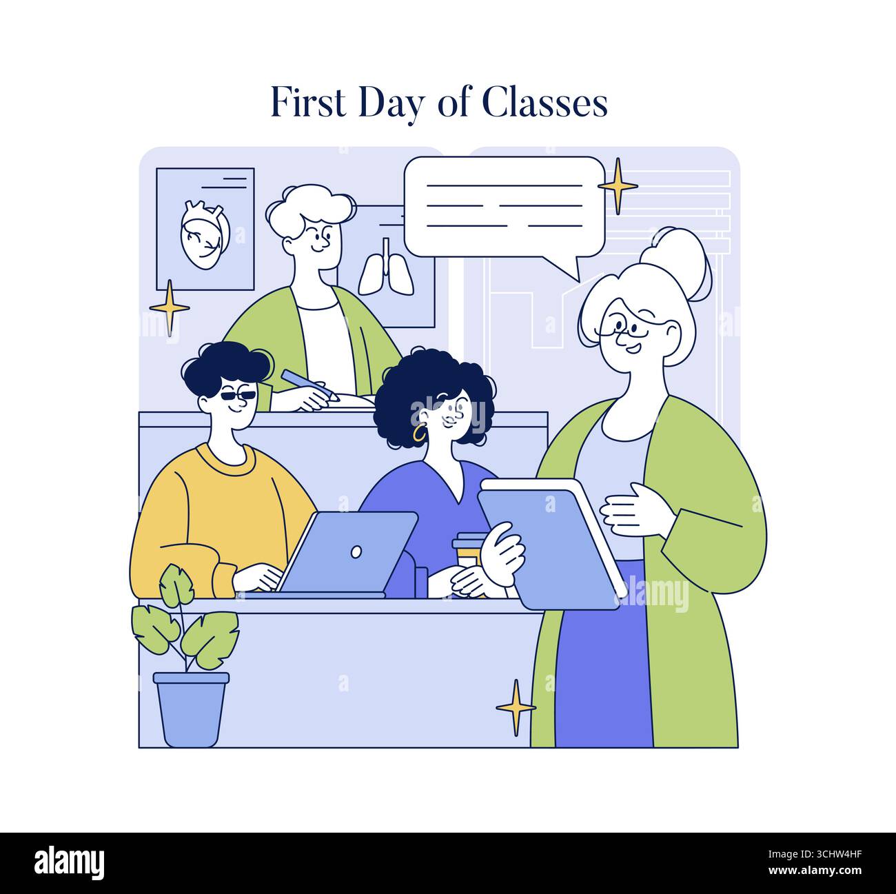 Vector illustration showing a classroom scene on the first day of ...