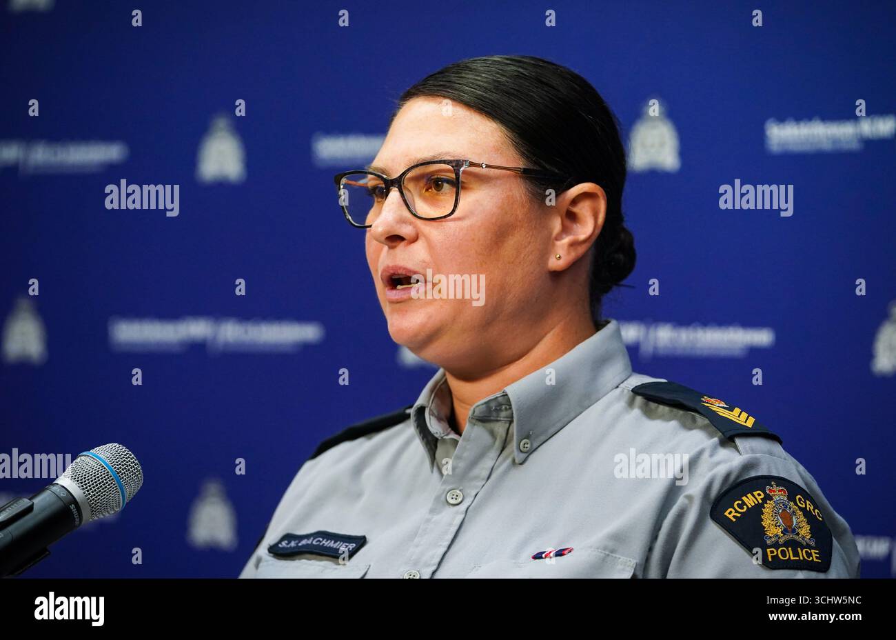 RCMP Sergeant Sophie Bachmier speaks during a press conference regarding regarding an ongoing ...