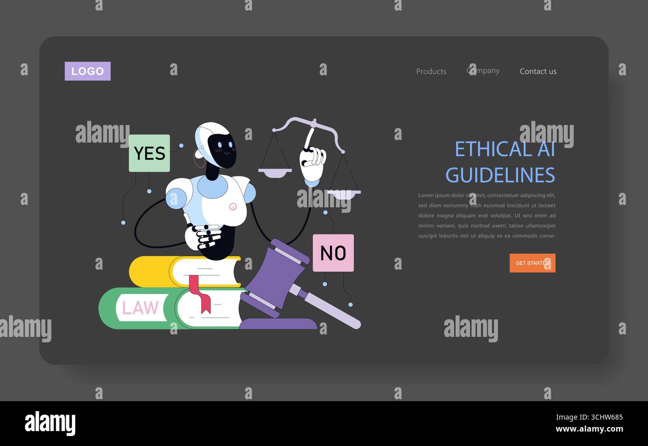 Vector illustration of a robot balancing a scale with law books and ethical signs. The robot's ...