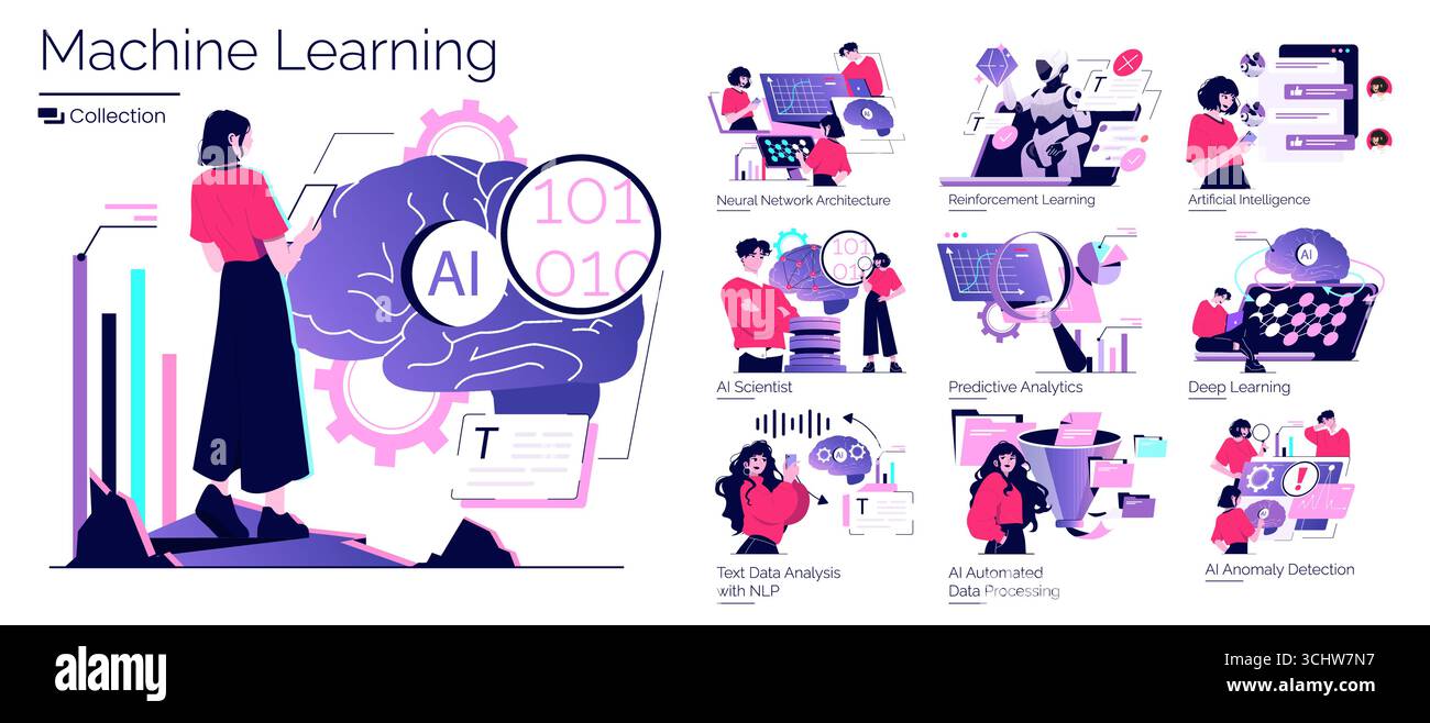 Vector illustration showcasing various machine learning concepts, including AI, neural networks ...
