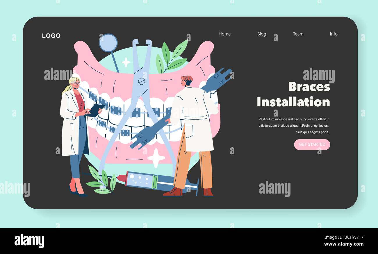 Vector illustration of dental professionals installing braces on a ...
