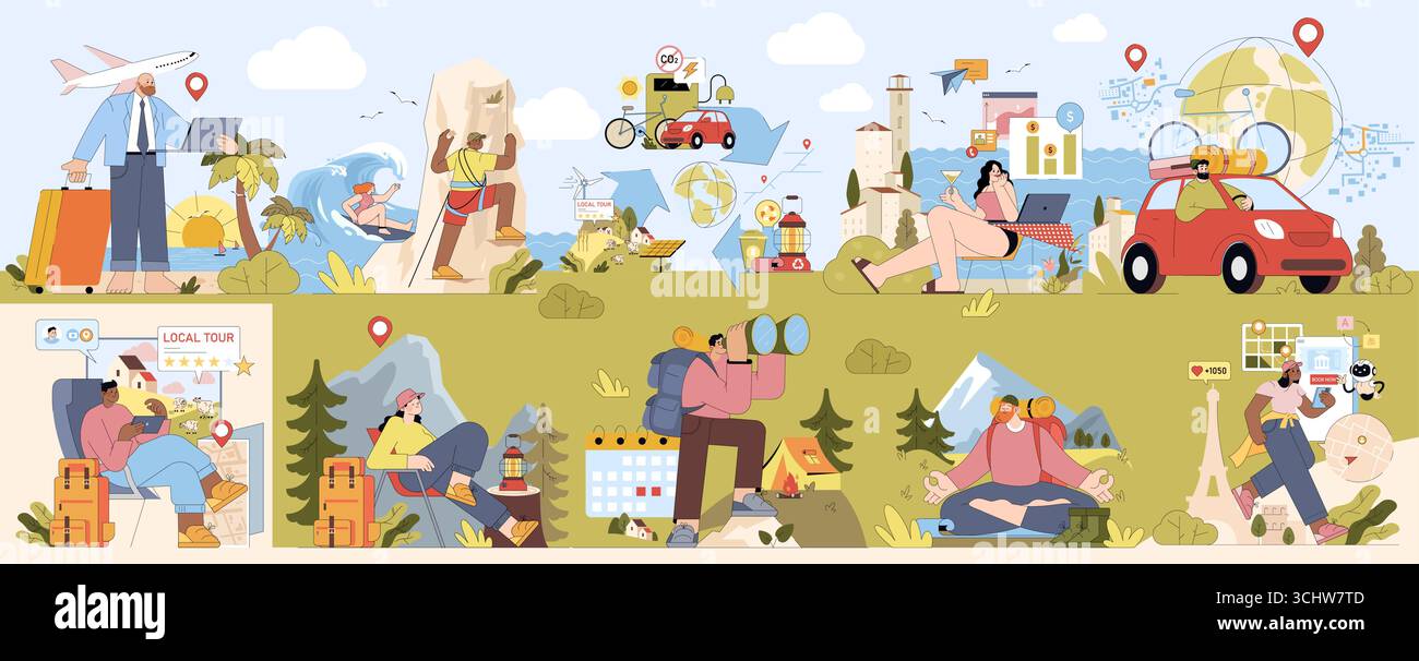 This vector illustration visualizes diverse travel and work-life ...