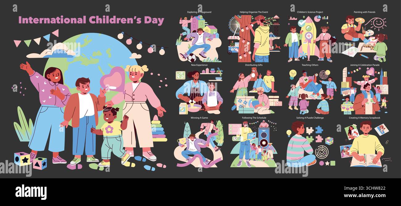 Vector illustration featuring children engaging in various joyful ...