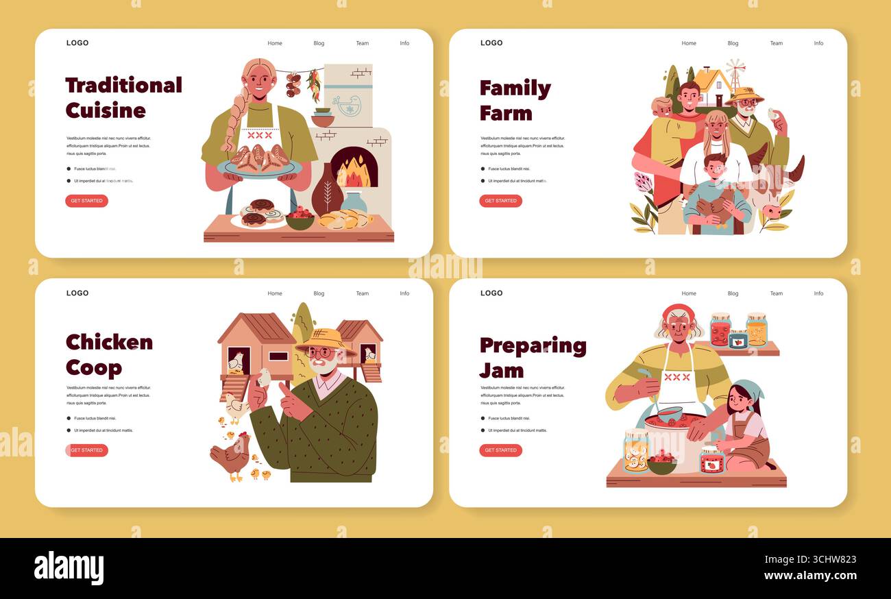 Vector illustration set depicting traditional cuisine preparation, family farm life, chicken ...