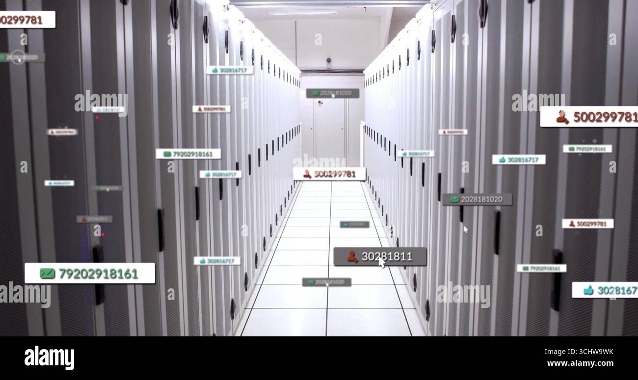 Showing aisle of server racks and raised floor tiles in data center ...